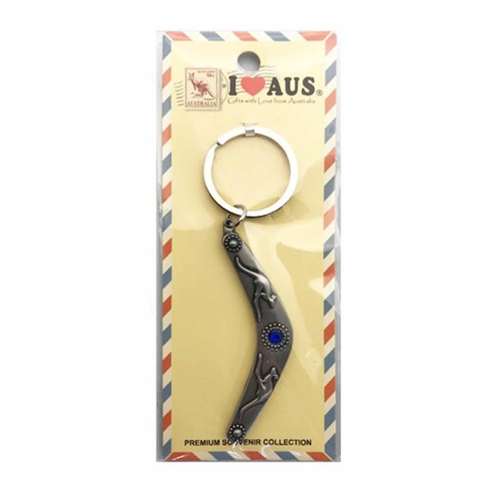 Key Ring Pewter Boomerang Blue Stone